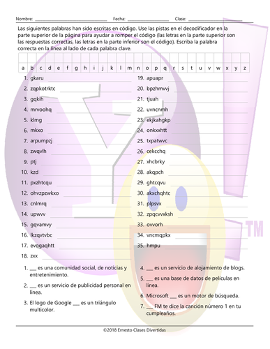 Internet Sites Decoder Box Spanish Worksheet | Teaching Resources