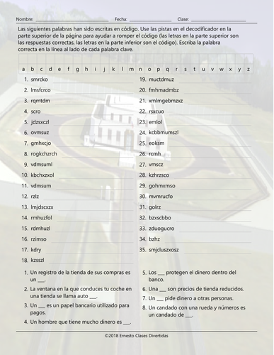 Money and Banking Decoder Box Spanish Worksheet | Teaching Resources