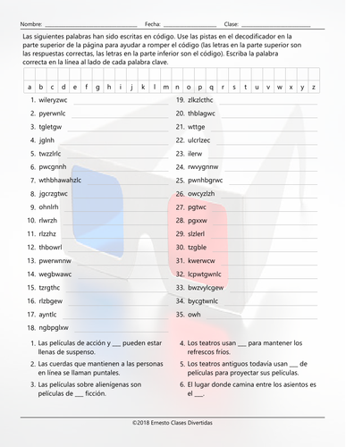 Movie Things and Genres Decoder Box Spanish Worksheet | Teaching Resources