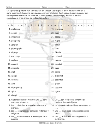 Musical Instruments Decoder Box Spanish Worksheet | Teaching Resources