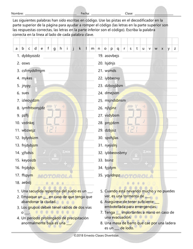 Natural Disasters and Emergencies Decoder Box Spanish Worksheet ...