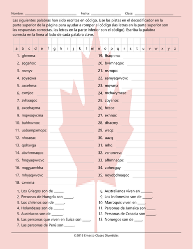 Origins and Nationalities Decoder Box Spanish Worksheet | Teaching ...