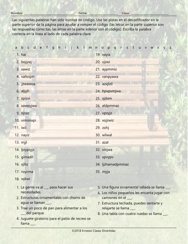Park Things and Activities Decoder Box Spanish Worksheet | Teaching ...