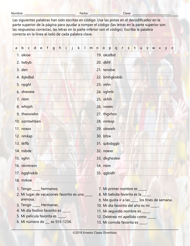 Personal Information Decoder Box Spanish Worksheet | Teaching Resources