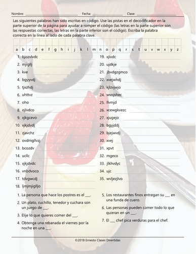 Restaurant Things and Activities Decoder Box Spanish Worksheet ...
