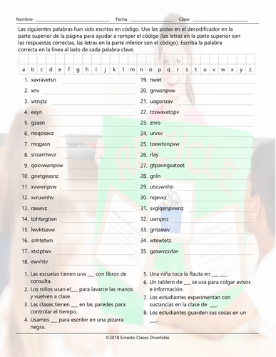 School Items, Places, and Subjects Decoder Box Spanish Worksheet ...