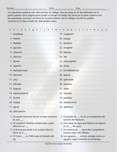 Space and Astronomy Decoder Box Spanish Worksheet | Teaching Resources
