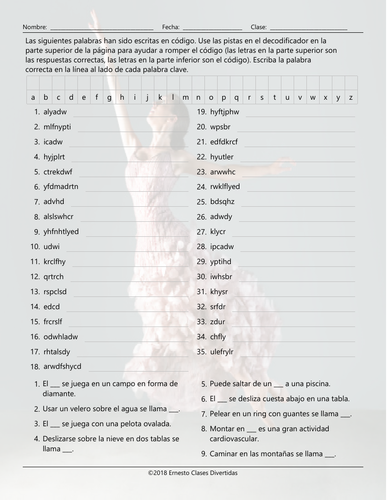 Sports and Exercise Decoder Box Spanish Worksheet | Teaching Resources