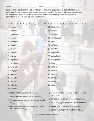 Stores and Shops Decoder Box Spanish Worksheet | Teaching Resources