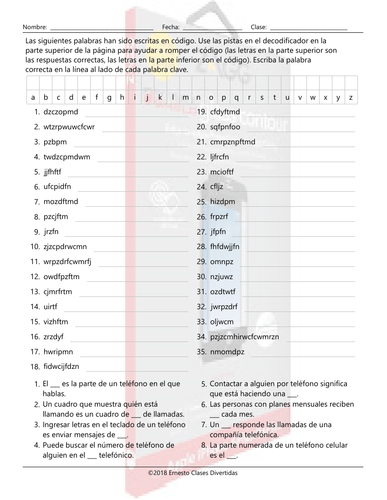 Telephones Decoder Box Spanish Worksheet | Teaching Resources