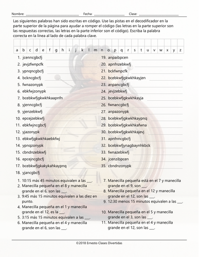 Telling Time Decoder Box Spanish Worksheet | Teaching Resources