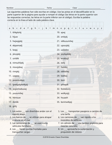 Transportation and Vehicles Decoder Box Spanish Worksheet | Teaching ...