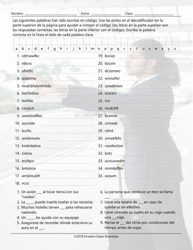 Travel Items and Modes Decoder Box Spanish Worksheet | Teaching Resources