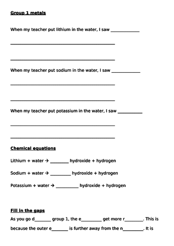 Group 1 Alkali Metals Low ability/SEN | Teaching Resources