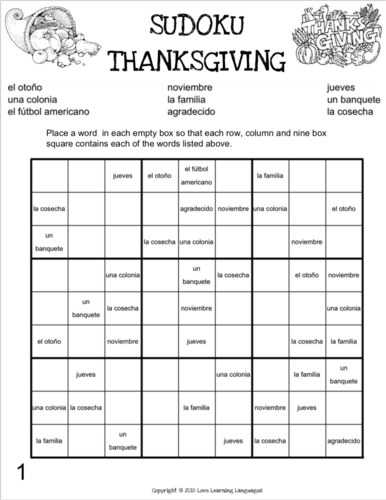 Spanish Thanksgiving Sudoku Puzzle | Teaching Resources