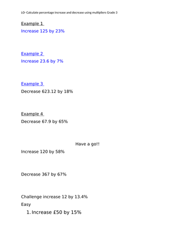 Percentage increase and decrease using multipliers | Teaching Resources