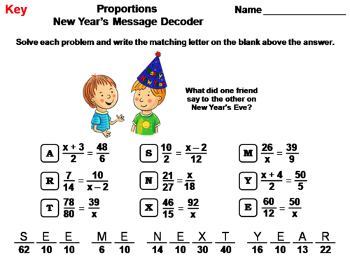 Solving Proportions New Year's Math Activity: Message Decoder ...