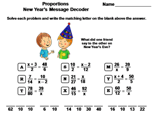 Solving Proportions New Year's Math Activity: Message Decoder ...
