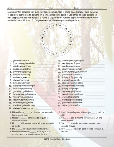 Future Perfect Continuous Tense Decoder Ring Spanish Worksheet | Teaching Resources