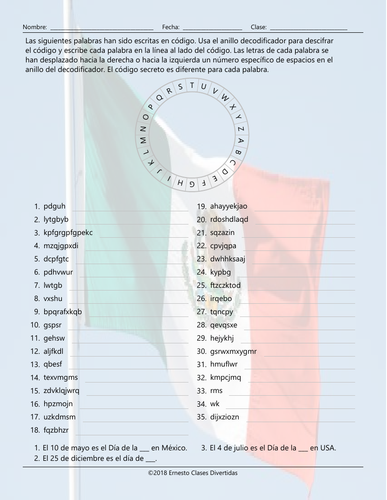 American versus Mexican Holidays Decoder Ring Spanish Worksheet ...