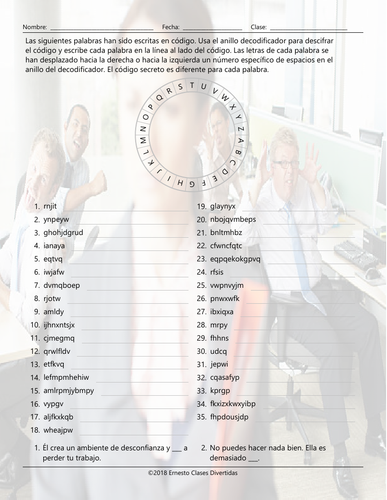 Bad Bosses are Bad Business Decoder Ring Spanish Worksheet | Teaching ...