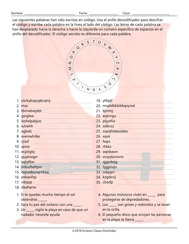 Beach Things and Activities Decoder Ring Spanish Worksheet | Teaching Resources