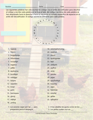 City versus Country Decoder Ring Spanish Worksheet | Teaching Resources