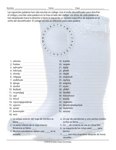 Clothing Items Decoder Ring Spanish Worksheet | Teaching Resources