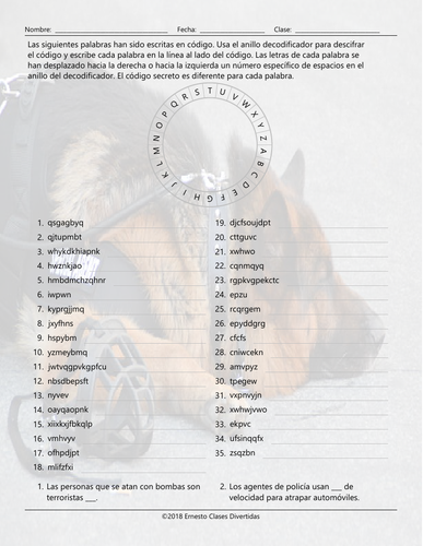Crime, Law Enforcement, and Courts Decoder Ring Spanish Worksheet ...