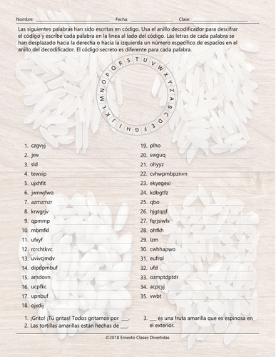 Food Items Decoder Ring Spanish Worksheet | Teaching Resources