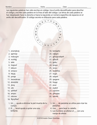 Health and Personal Hygiene Decoder Ring Spanish Worksheet | Teaching ...