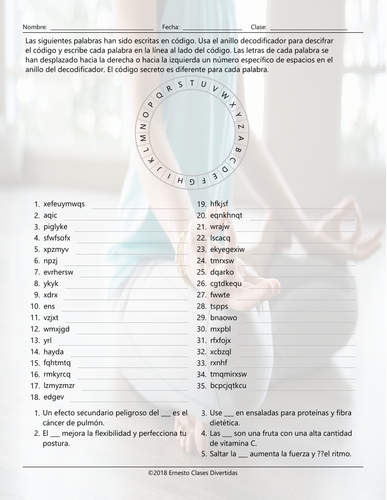 Healthy Lifestyle and Nutrition Decoder Ring Spanish Worksheet ...