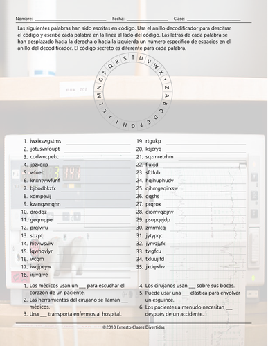 Hospitals and Injuries Decoder Ring Spanish Worksheet | Teaching Resources