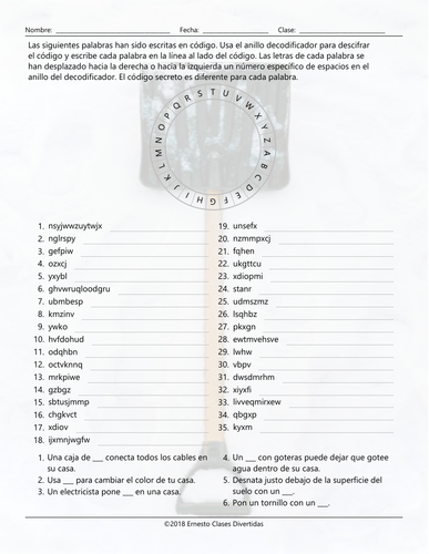 House Repairs, Tools, and Supplies Decoder Ring Spanish Worksheet ...