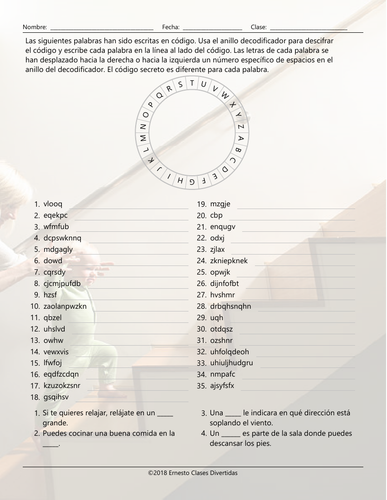 Houses, Rooms, Furniture, and Appliances Decoder Ring Spanish Worksheet ...