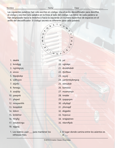 Movie Things and Genres Decoder Ring Spanish Worksheet | Teaching Resources
