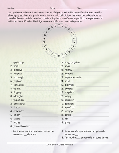 Natural Disasters and Emergencies Decoder Ring Spanish Worksheet ...