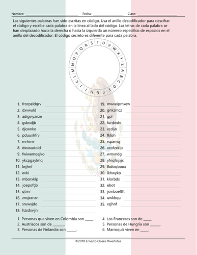 Origins and Nationalities Decoder Ring Spanish Worksheet | Teaching ...