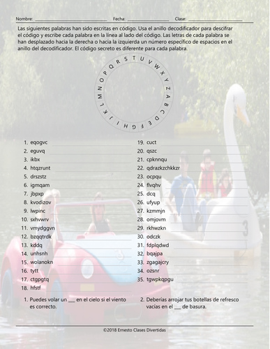 Park Things and Activities Decoder Ring Spanish Worksheet | Teaching ...