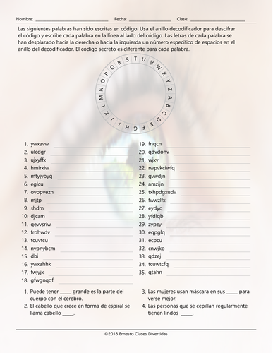 People Descriptions Decoder Ring Spanish Worksheet | Teaching Resources