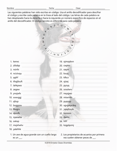 Pets and Pet Care Decoder Ring Spanish Worksheet | Teaching Resources