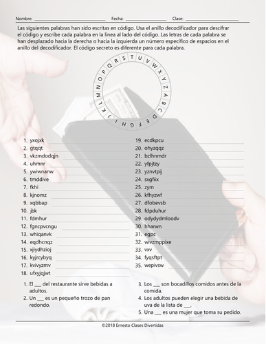 Restaurant Things and Activities Decoder Ring Spanish Worksheet ...
