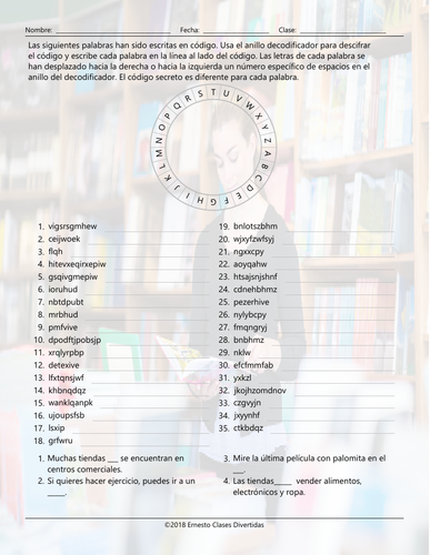Places and Buildings Decoder Ring Spanish Worksheet | Teaching Resources