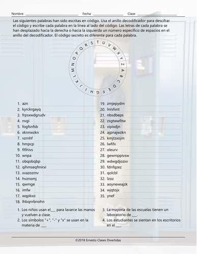 School Items, Places, and Subjects Decoder Ring Spanish Worksheet ...