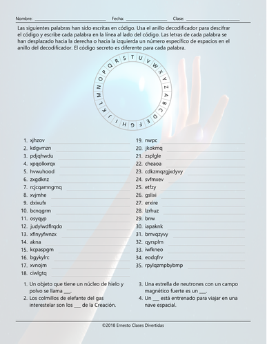 Space and Astronomy Decoder Ring Spanish Worksheet | Teaching Resources