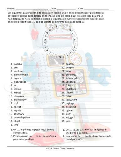 Technology and Gadgets Decoder Ring Spanish Worksheet | Teaching Resources