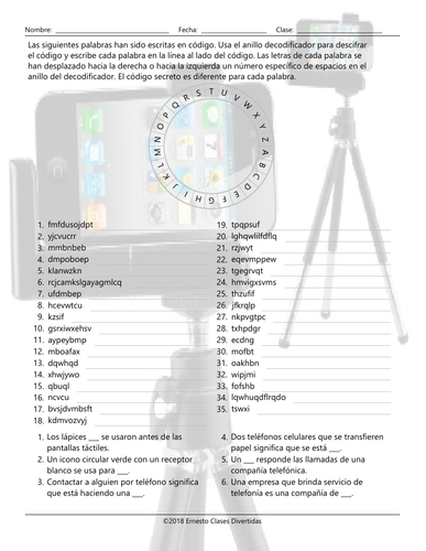 Telephones Decoder Ring Spanish Worksheet | Teaching Resources