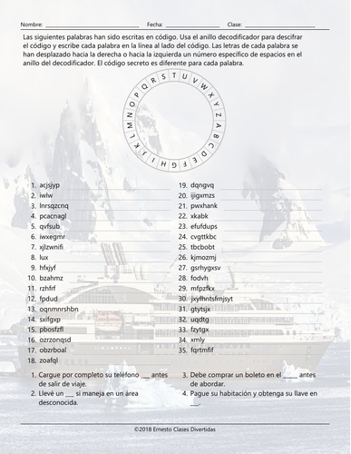Travel Items and Modes Decoder Ring Spanish Worksheet | Teaching Resources