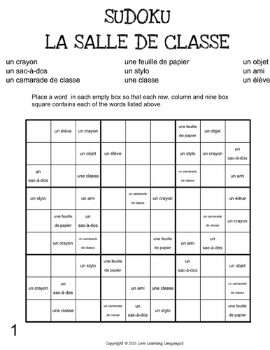 French Classroom Vocabulary - L'École - Sudoku Puzzles | Teaching Resources
