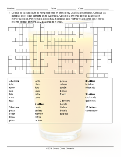 Container Words Framework Puzzle Spanish Worksheet | Teaching Resources